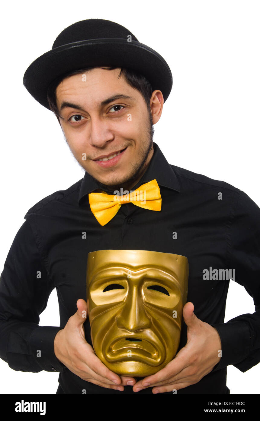 Young man with golden Venetian mask isolated on white Stock Photo - Alamy