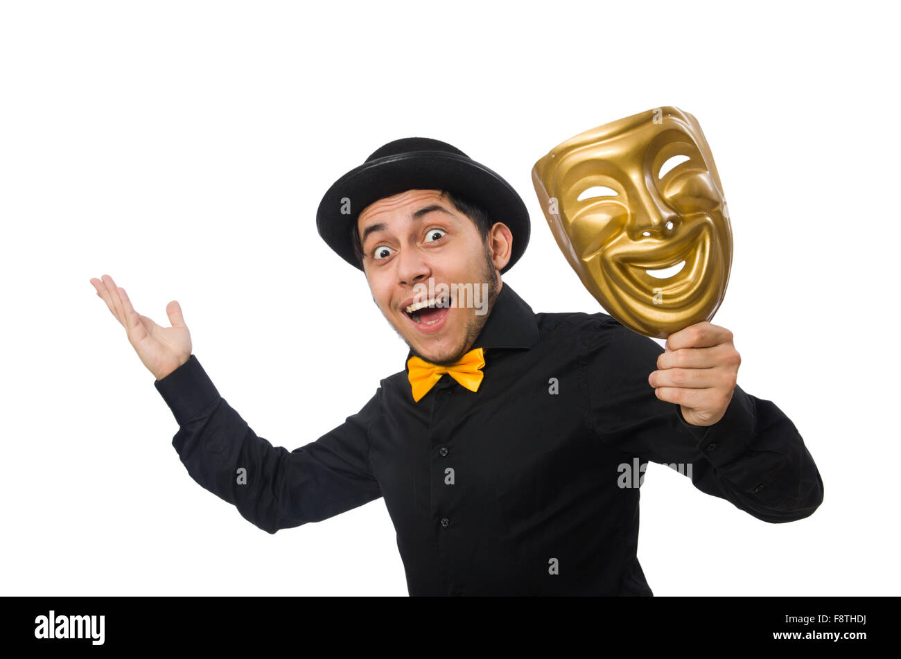 Young man with golden Venetian mask isolated on white Stock Photo - Alamy