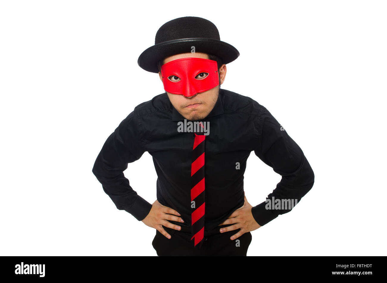 Young man with red mask isolated on white Stock Photo - Alamy