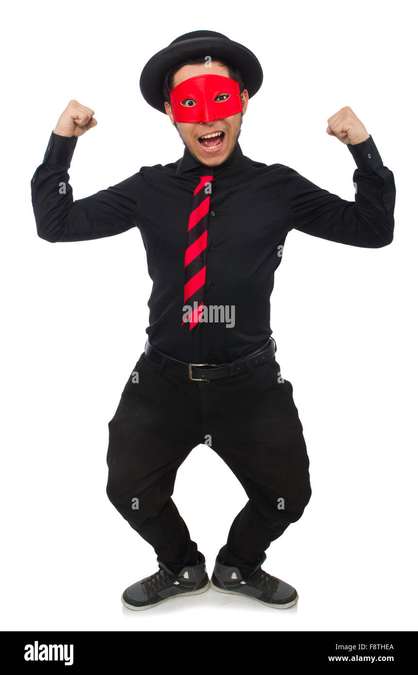 Young man with red mask isolated on white Stock Photo - Alamy