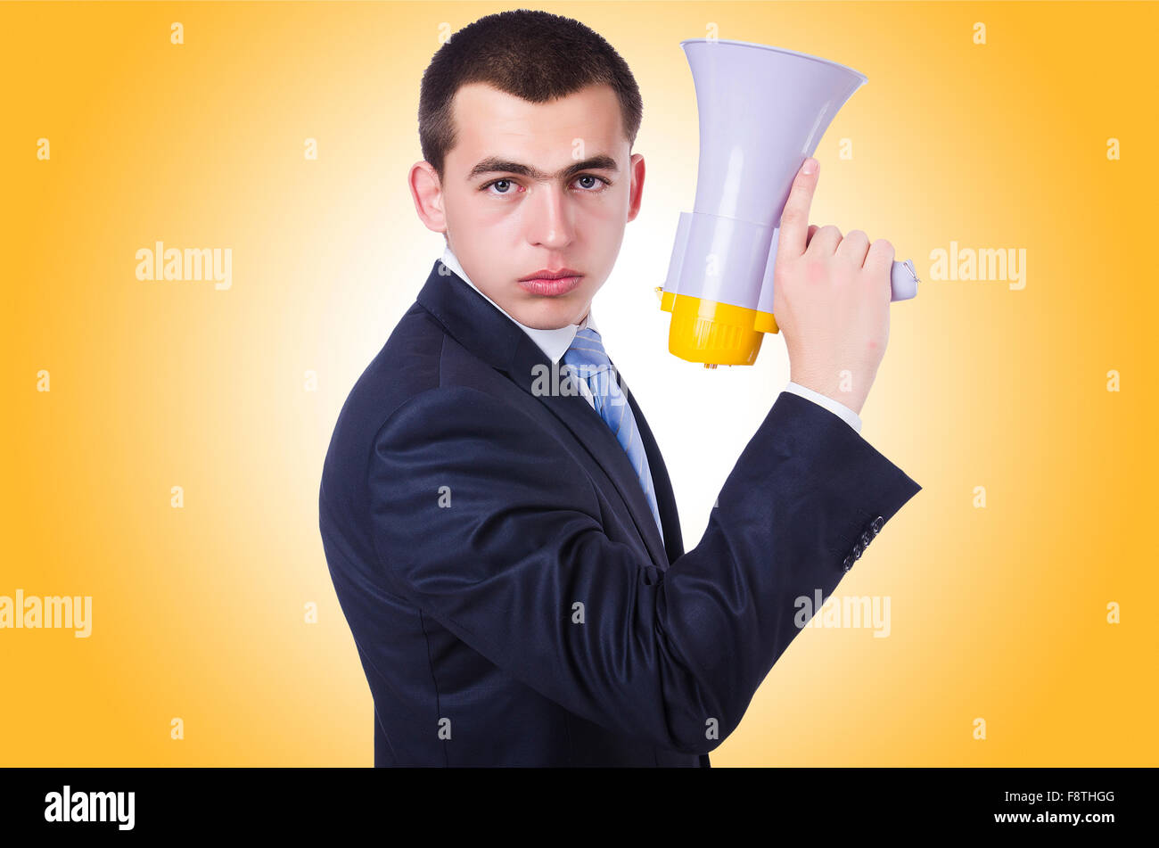 Man with loudspeaker isolated on white Stock Photo - Alamy