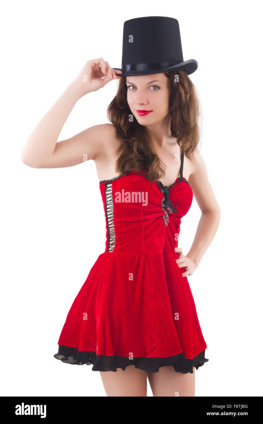 Female model posing in red mini dress isolated on white Stock Photo - Alamy