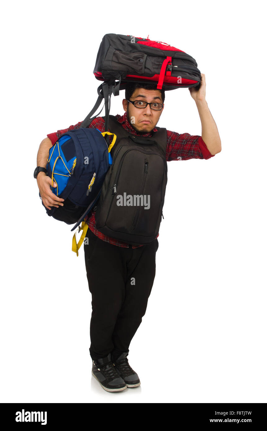 Young man with bags isolated on white Stock Photo - Alamy