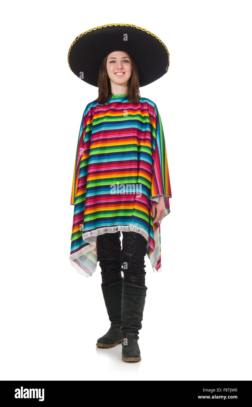 Pretty mexican girl in vivid poncho isolated on white Stock Photo - Alamy