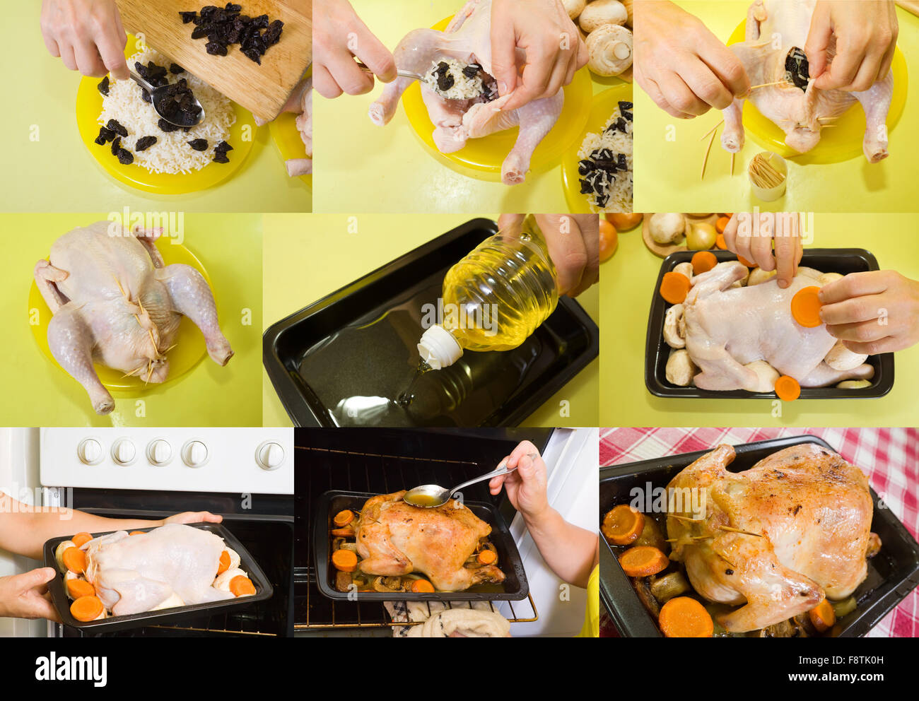 Stages of preparation whole roasted stuffed chicken Stock Photo - Alamy
