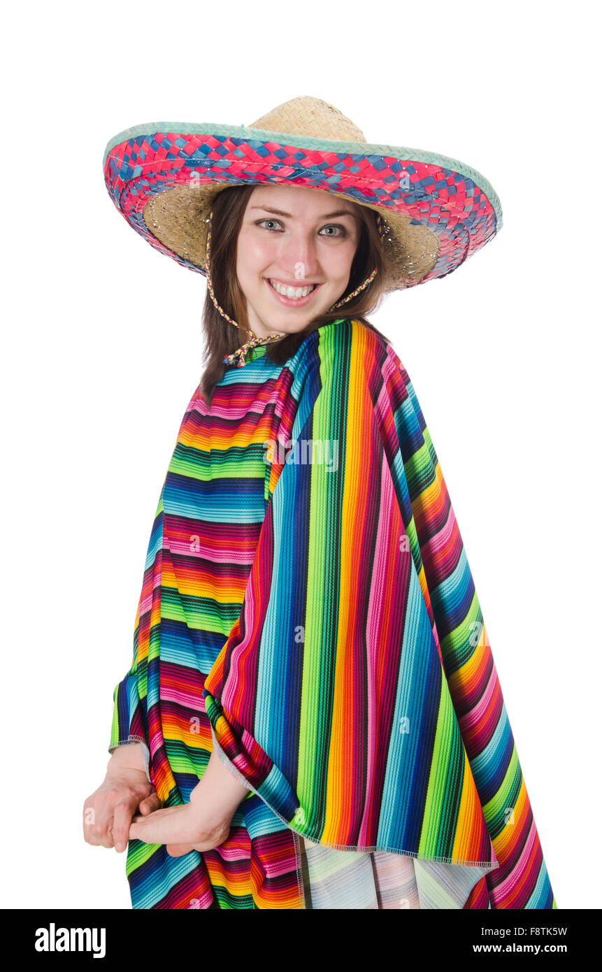 Pretty mexican girl in vivid poncho isolated on white Stock Photo - Alamy