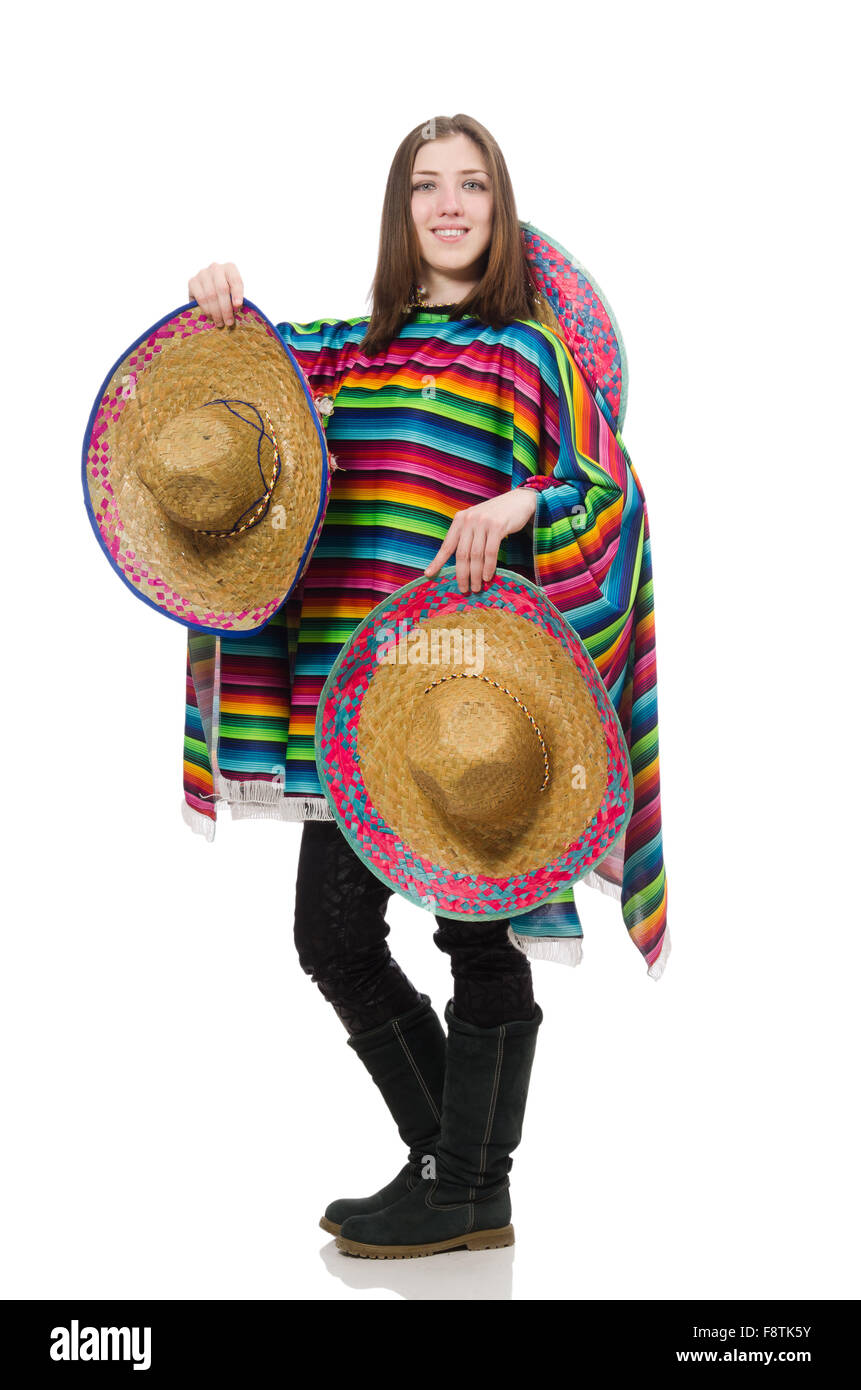 Pretty mexican girl in vivid poncho isolated on white Stock Photo - Alamy