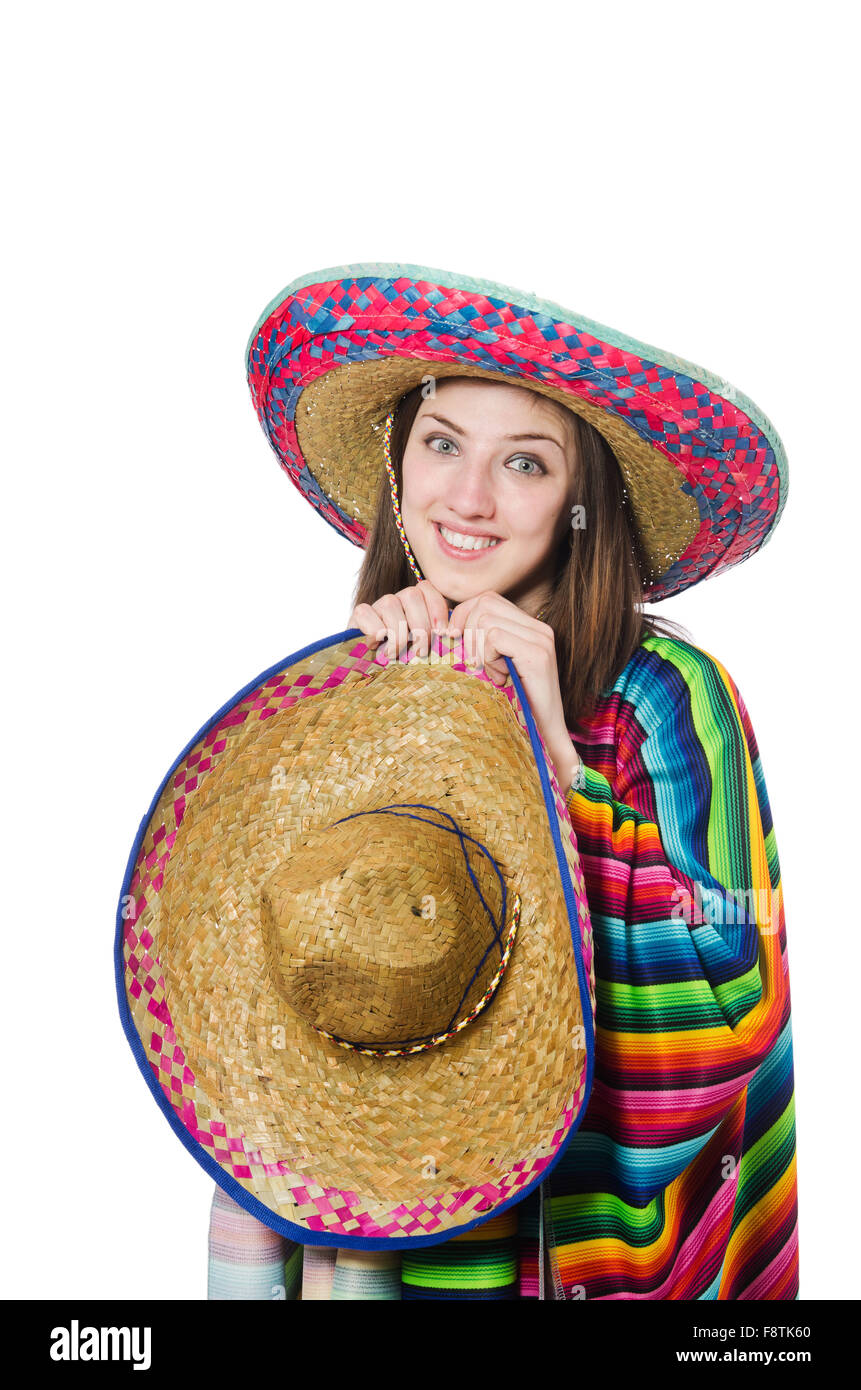 Pretty mexican girl in vivid poncho isolated on white Stock Photo - Alamy