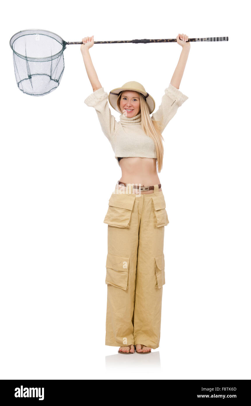 Woman with catching net isolated on white Stock Photo - Alamy