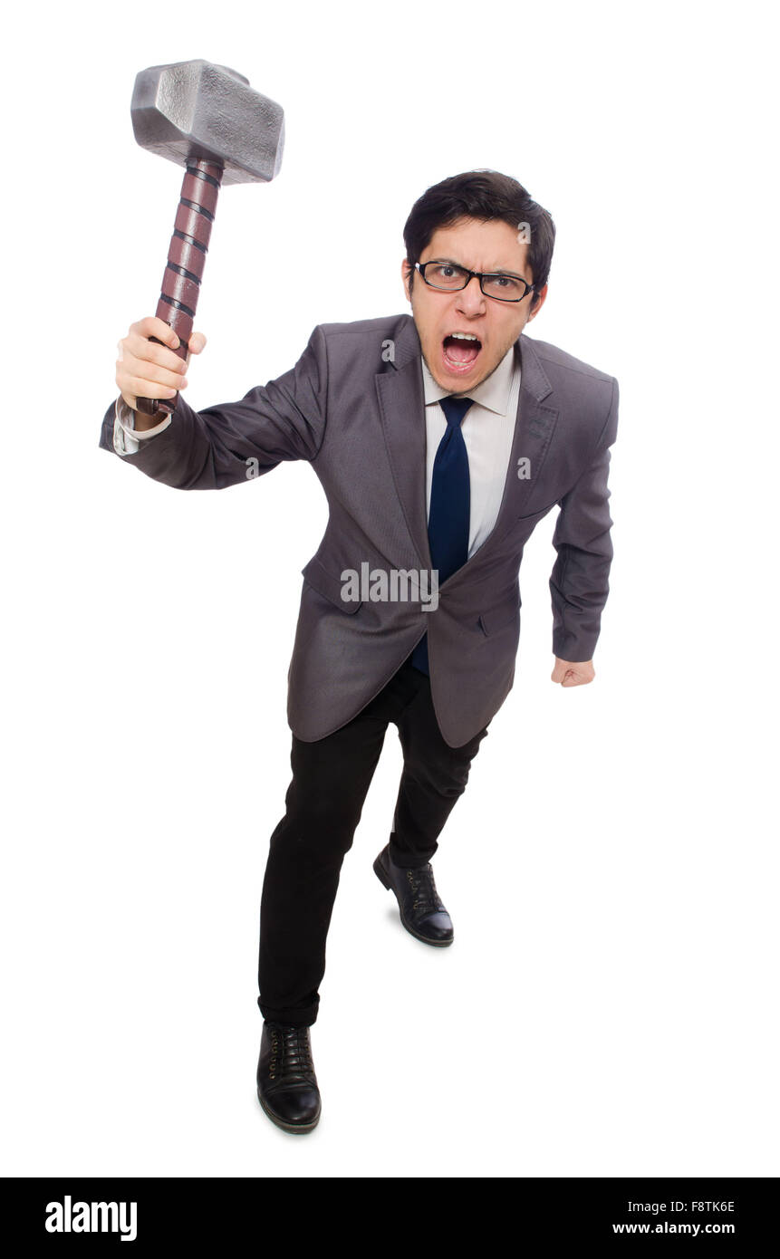 Business man holding hammer isolated on white Stock Photo - Alamy