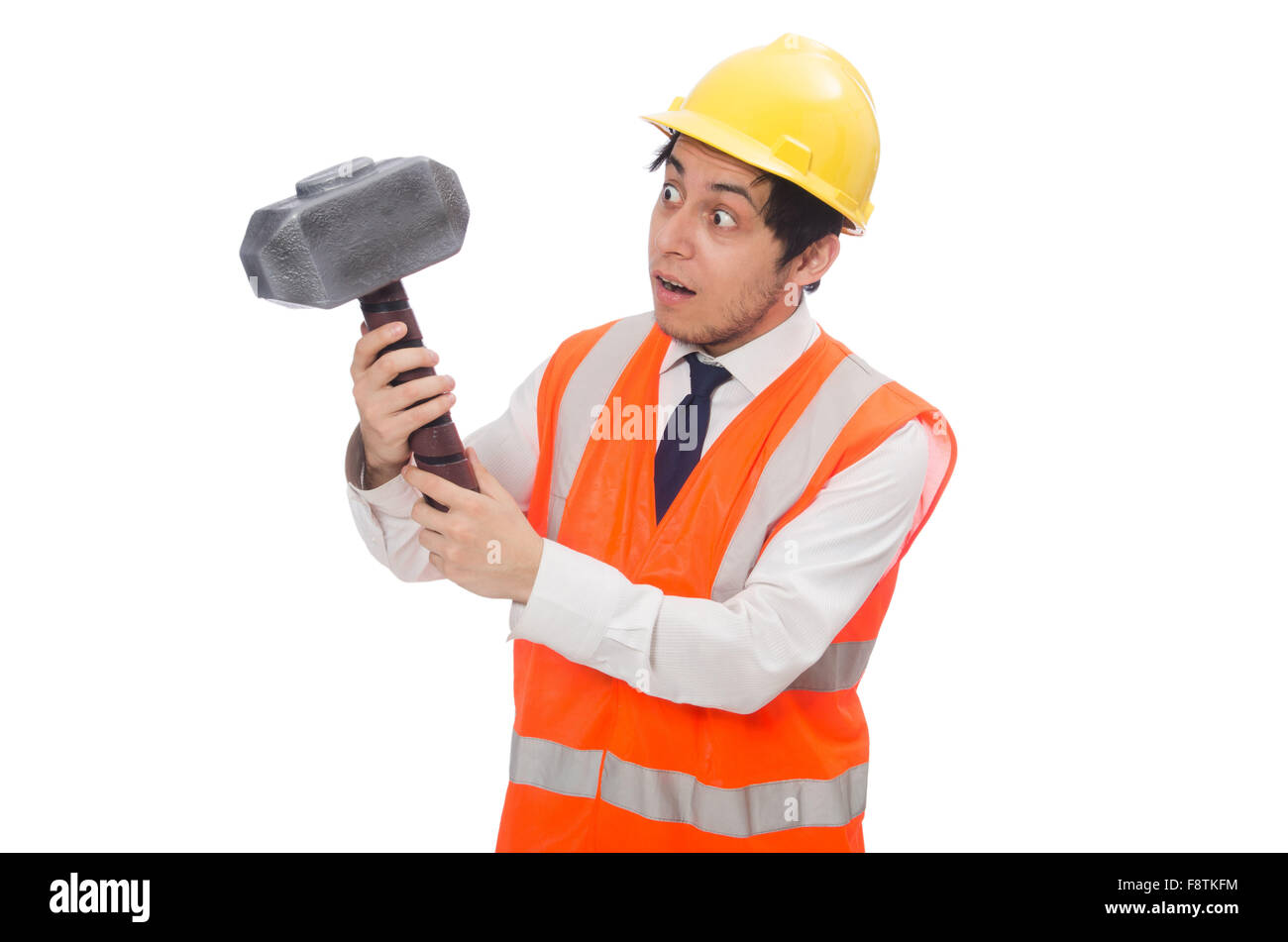 Construction worker with hammer isolated on white Stock Photo - Alamy