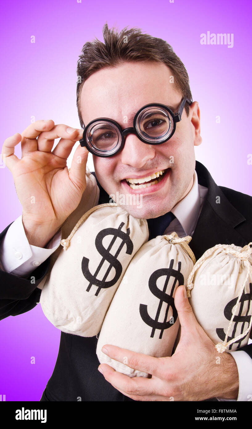 Man with money sacks on white Stock Photo - Alamy