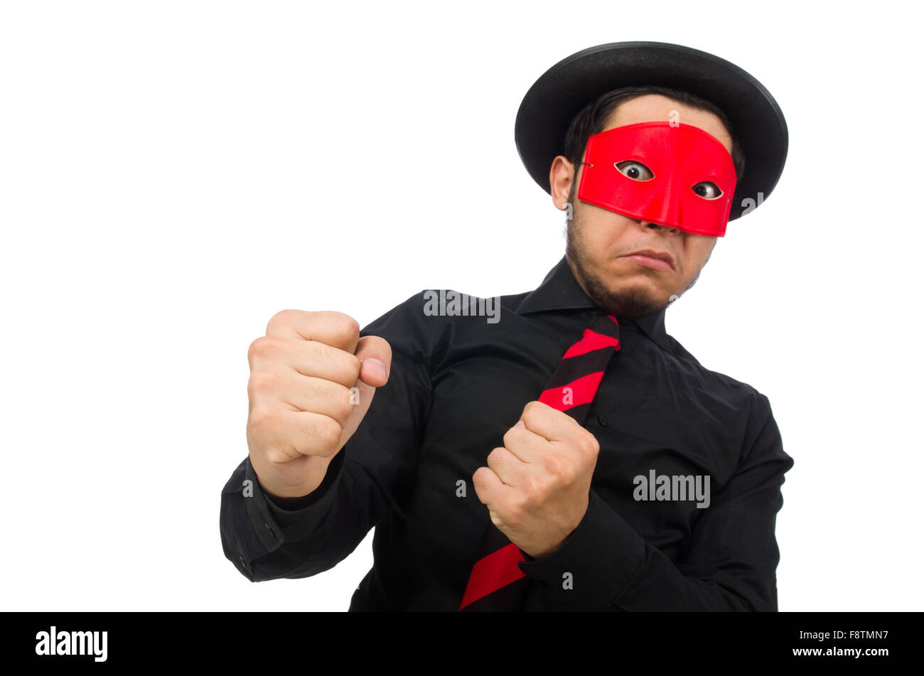 Young man with red mask isolated on white Stock Photo - Alamy