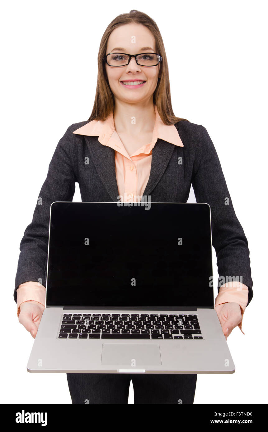 Working lady with laptop isolated on white Stock Photo - Alamy