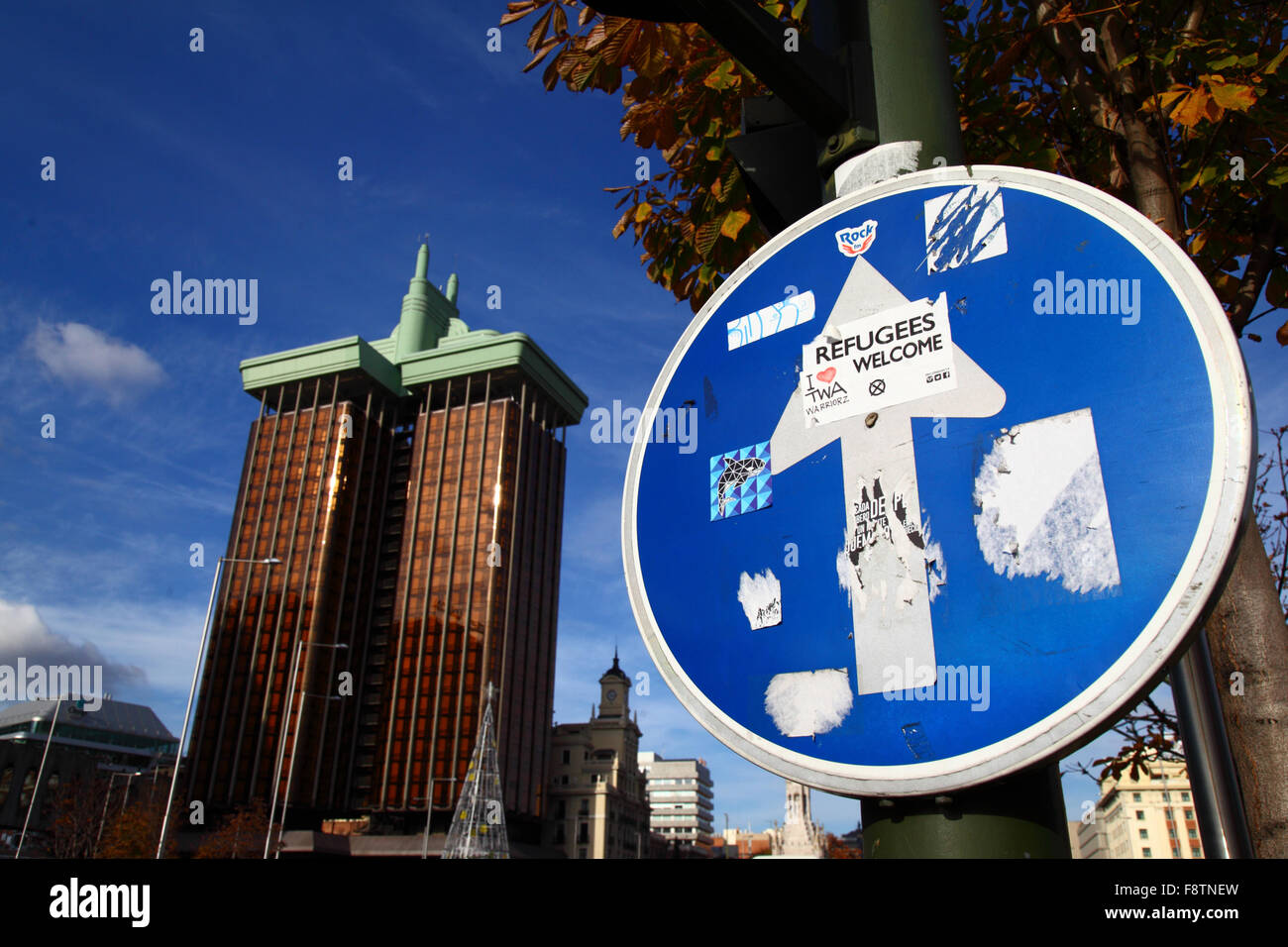 Madrid, Spain 11th December 2015: A "Refugees Welcome" sticker on a ...