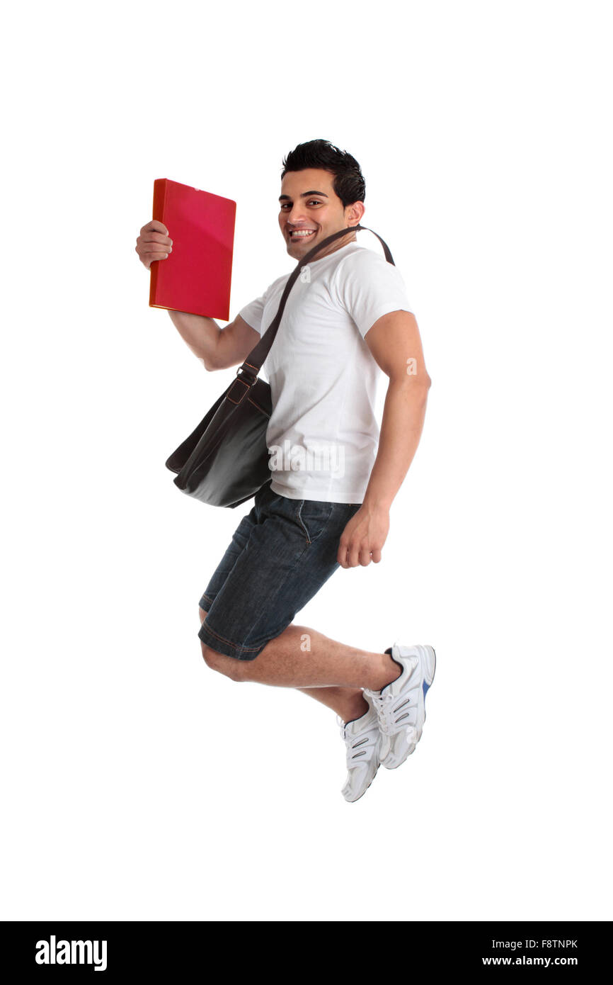 Excited man student jumping Stock Photo - Alamy