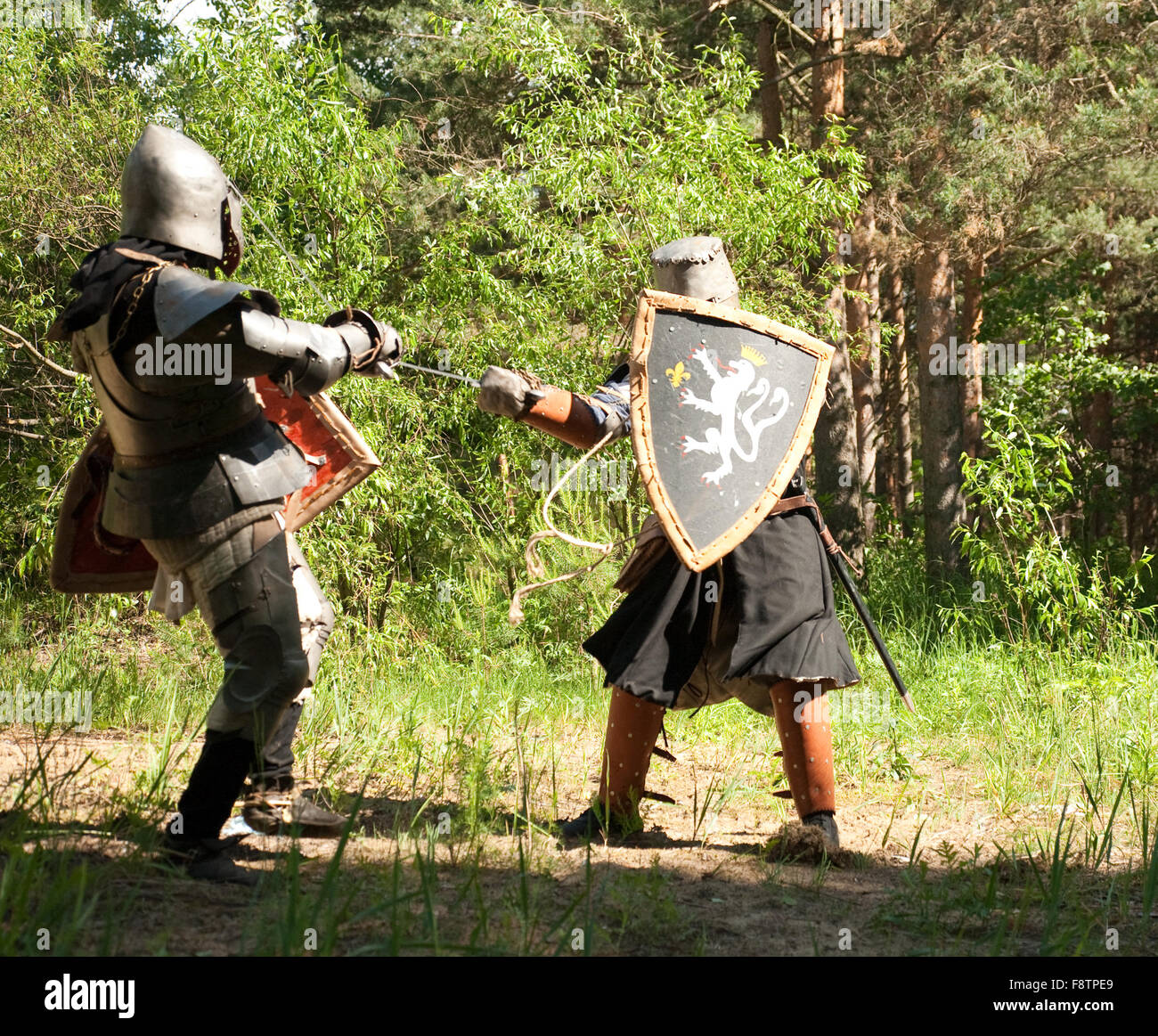Two knights in armor is fighting at forest Stock Photo - Alamy