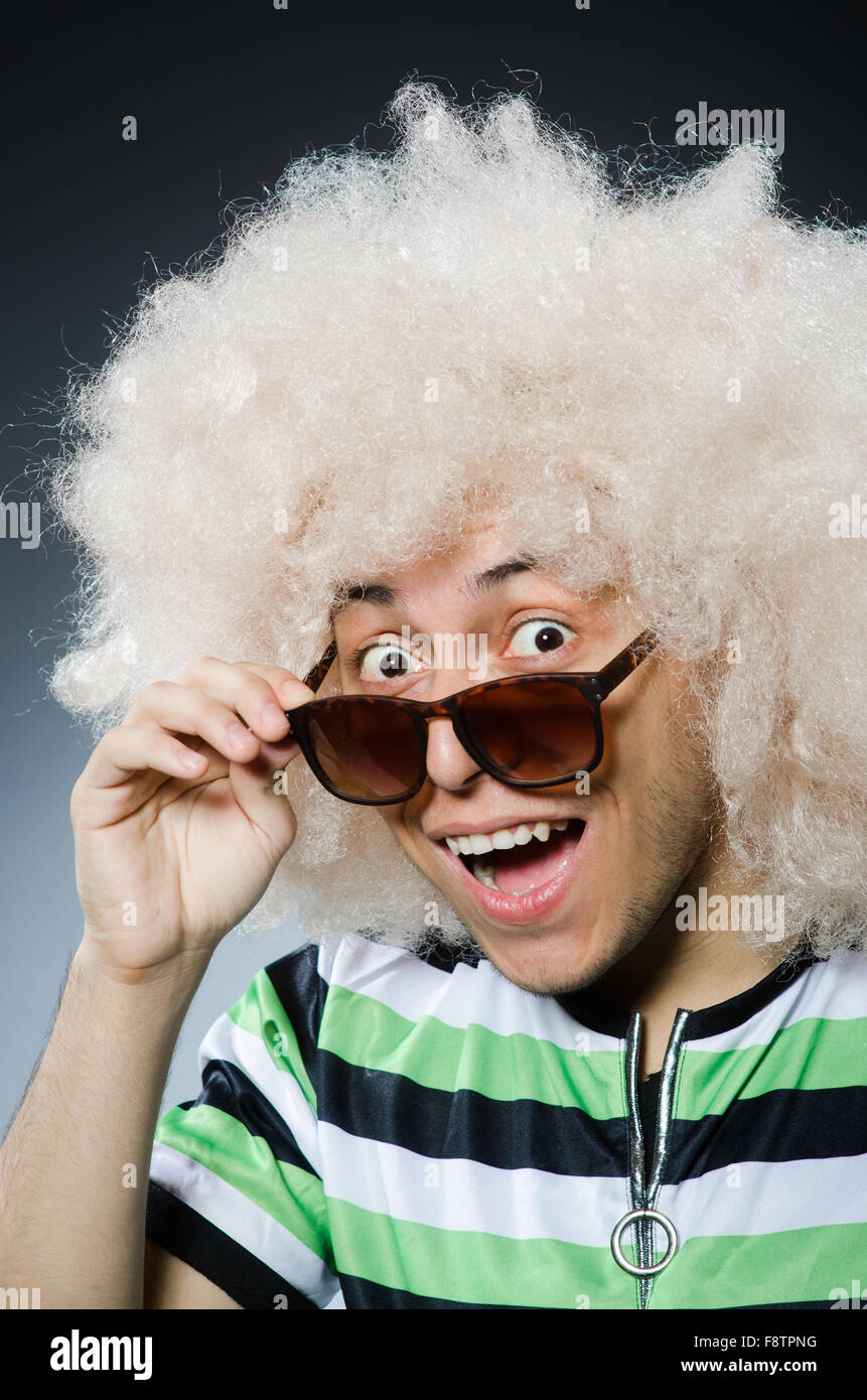 Funny man with afro hairstyle isolated on white Stock Photo - Alamy