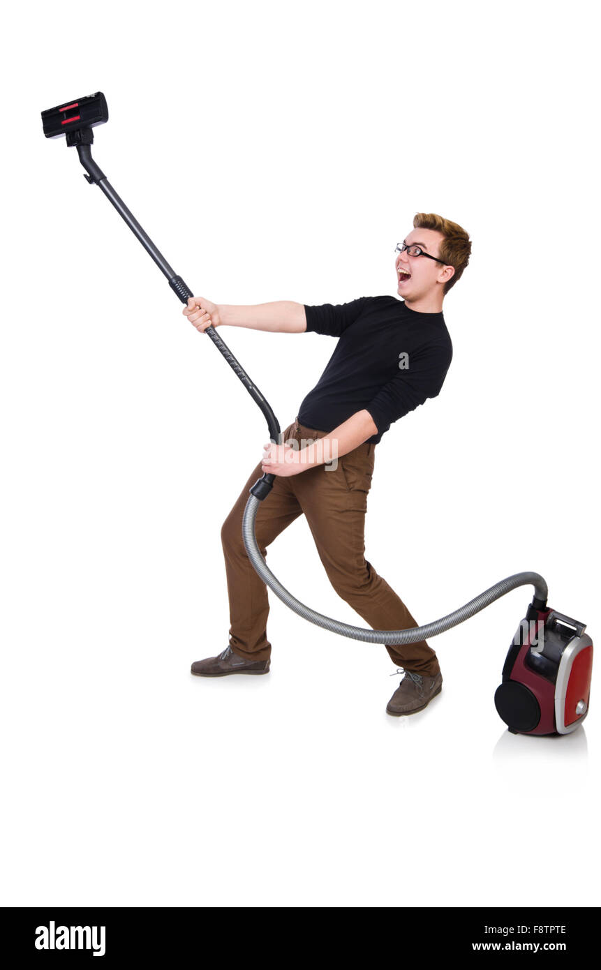 Funny man with vacuum cleaner on white Stock Photo - Alamy