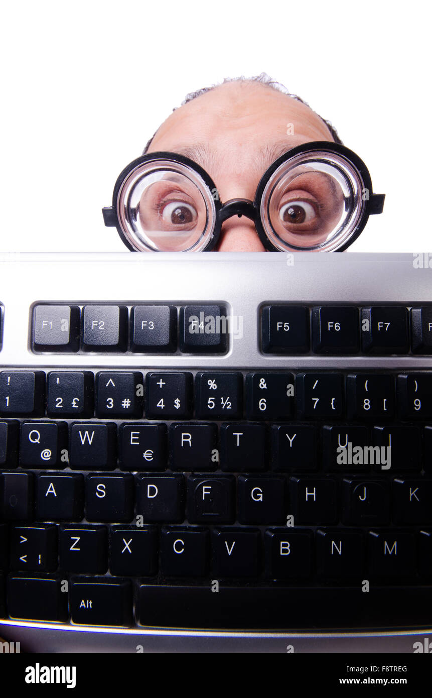 Funny man with keyboard isolated on white Stock Photo - Alamy