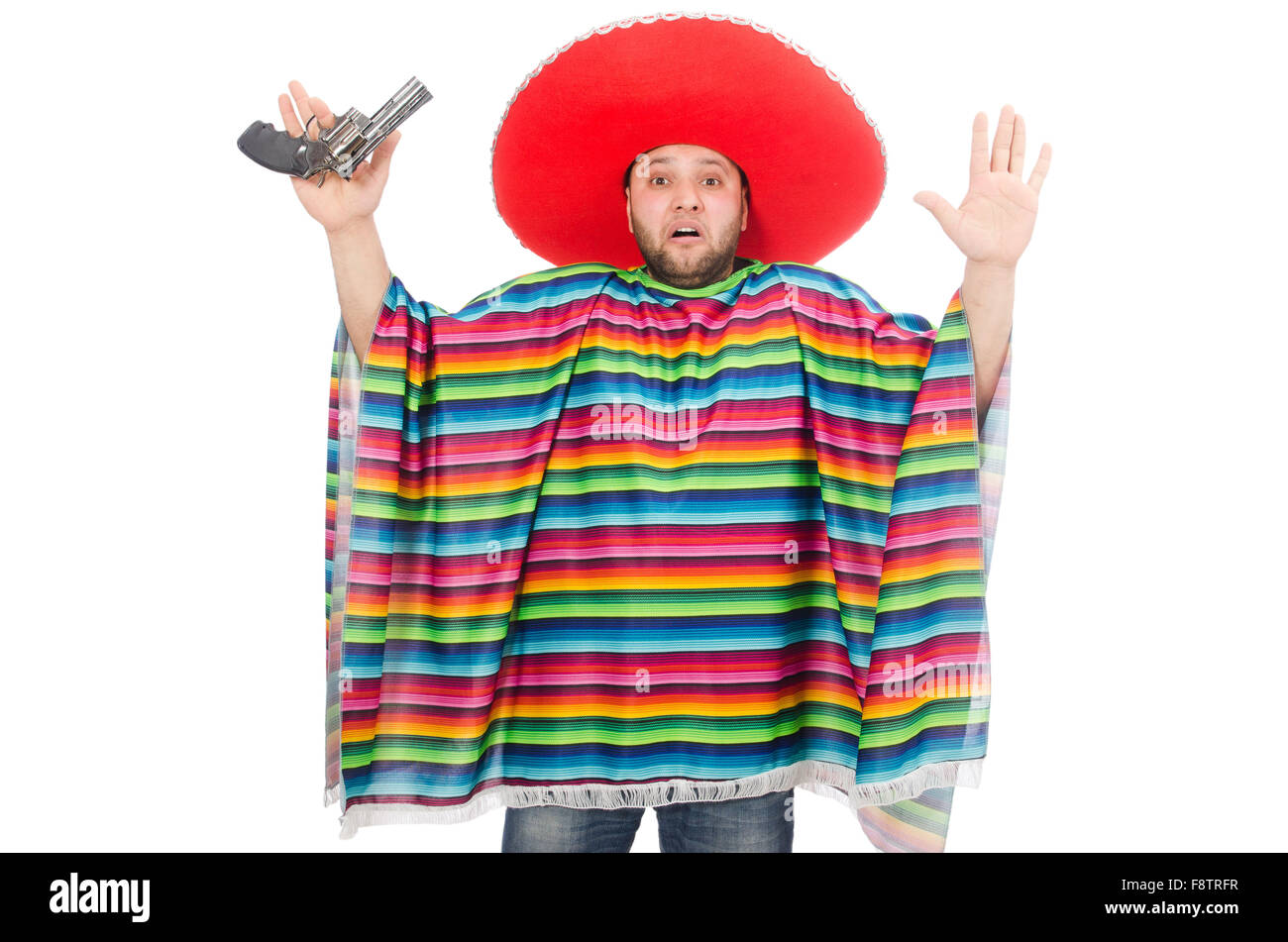 Funny mexican holding pistol isolated on white Stock Photo - Alamy