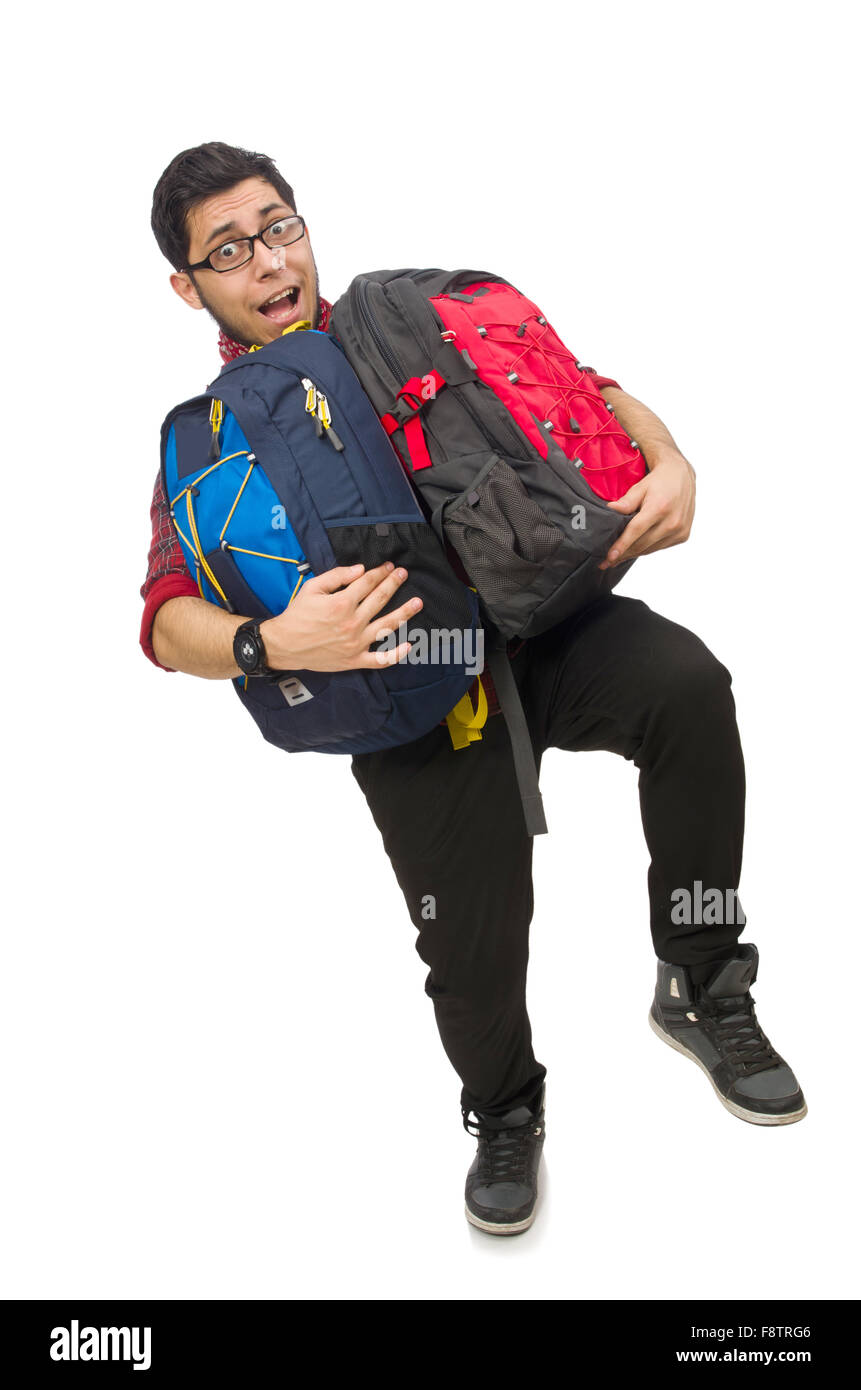 Young man with bags isolated on white Stock Photo - Alamy