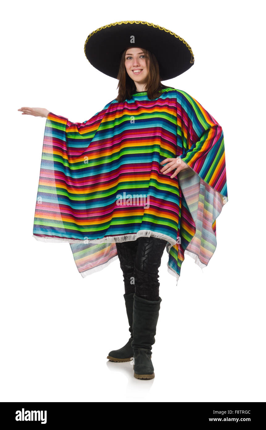 Pretty mexican girl in vivid poncho isolated on white Stock Photo - Alamy
