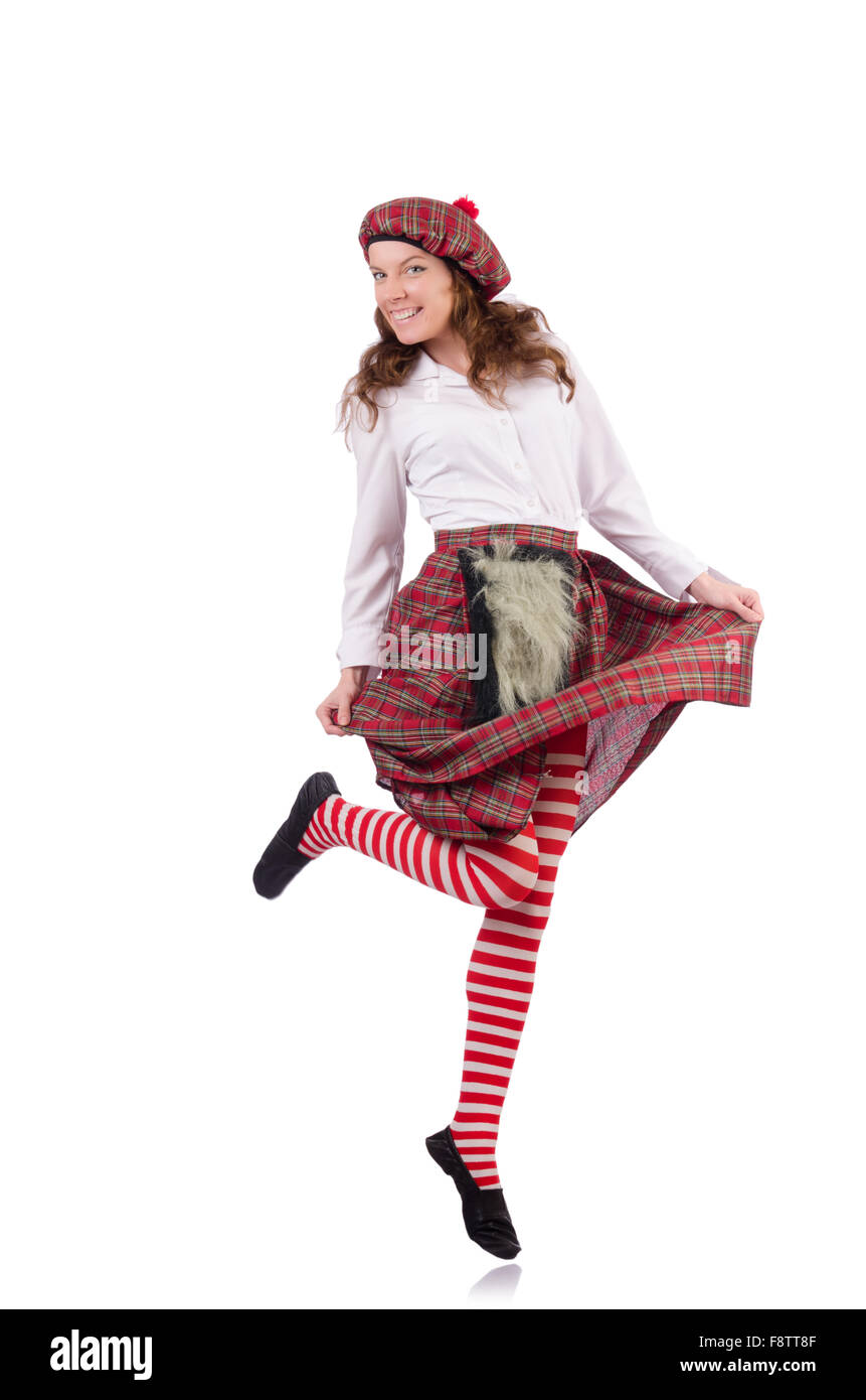 Pretty girl in plaid red clothing isolated on white Stock Photo - Alamy