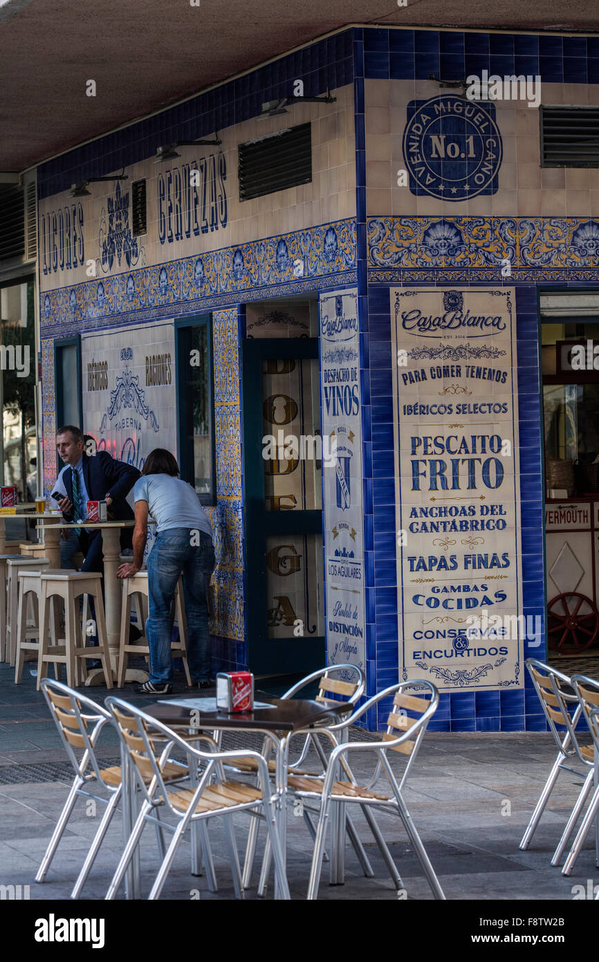 Outside of a bar in Marbella in Spain which serves tapas and beers and ...