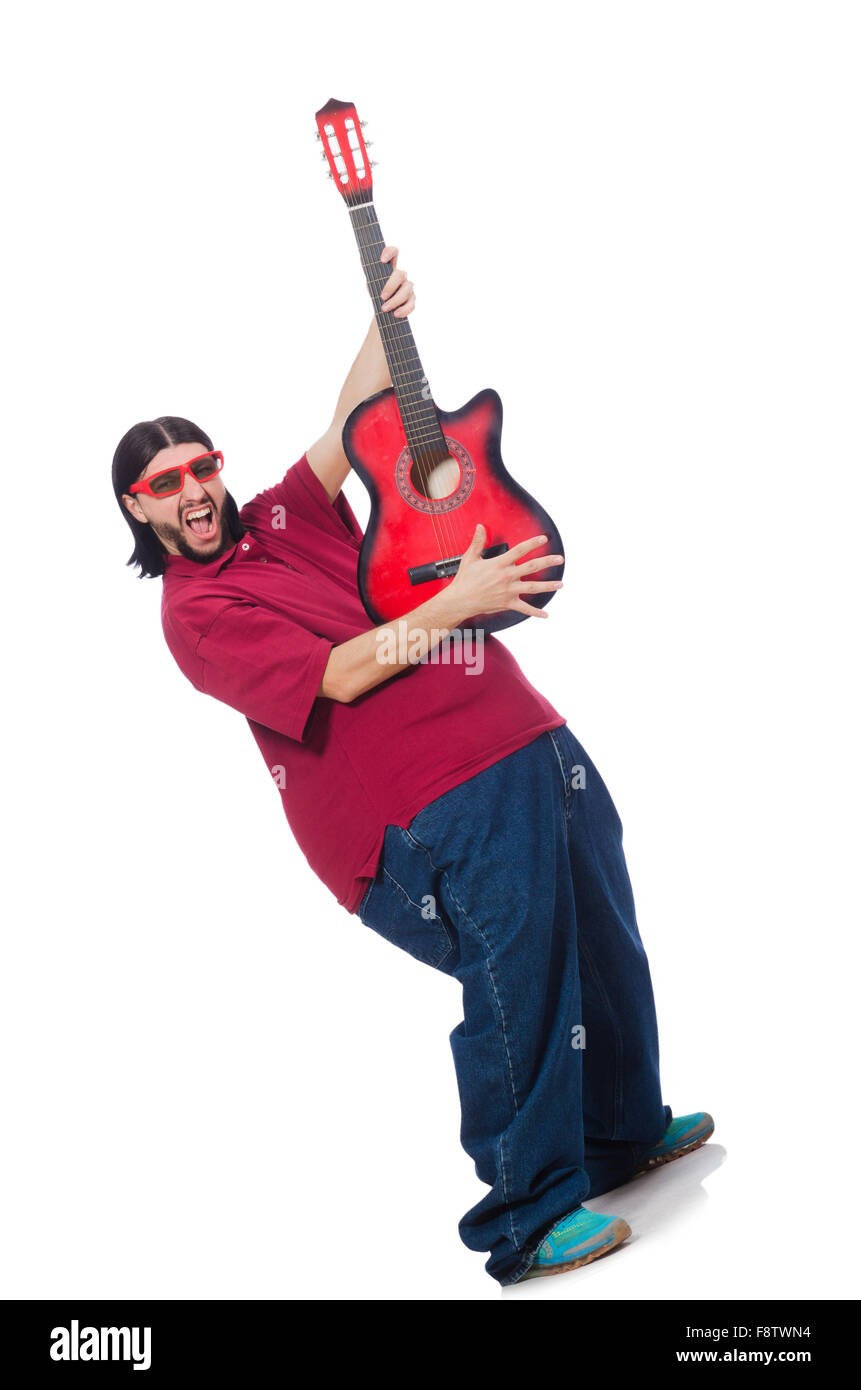 Fat man with guitar isolated on white Stock Photo - Alamy