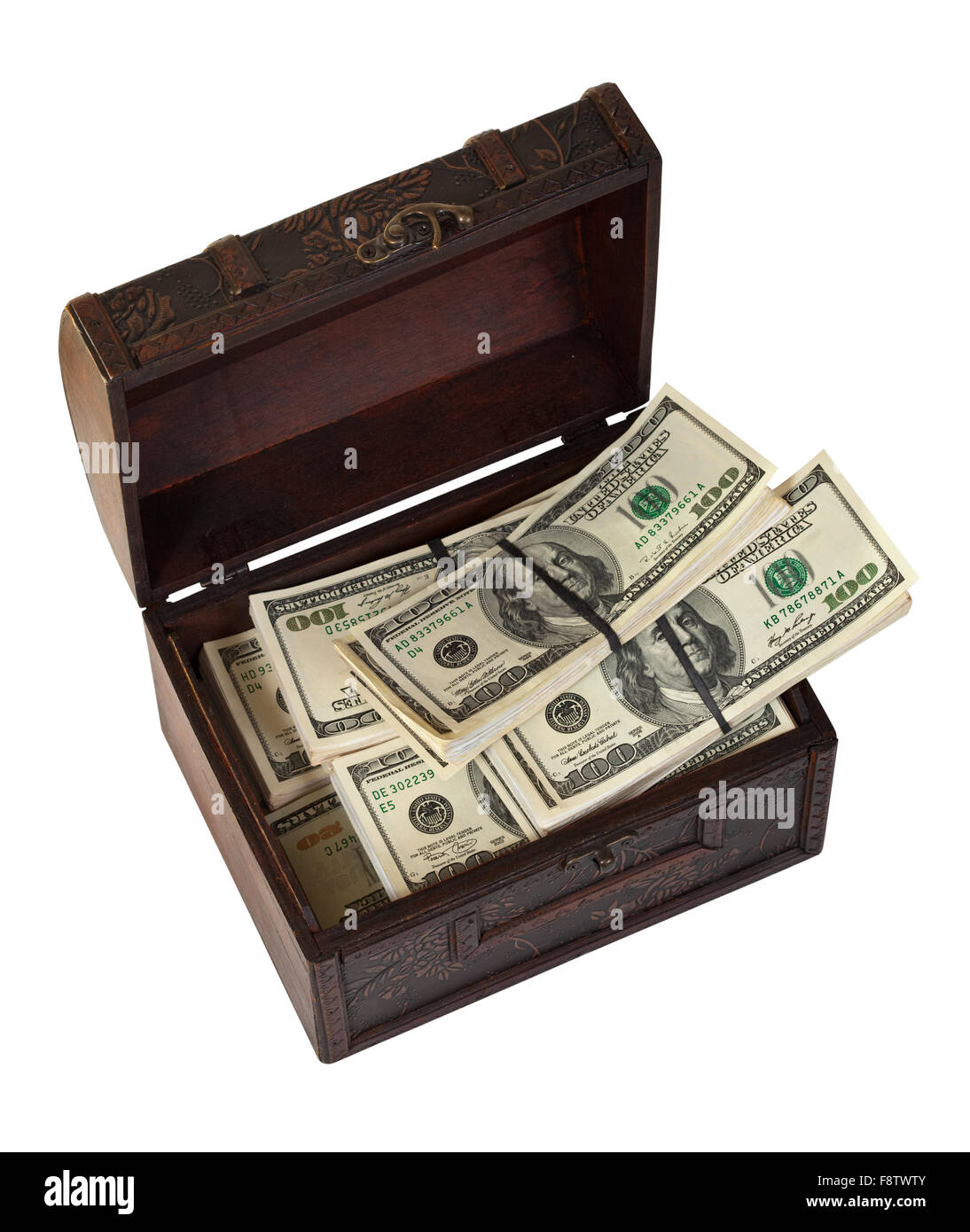 Many bundles of US dollars banknotes in treasure trunk. Isolated on ...