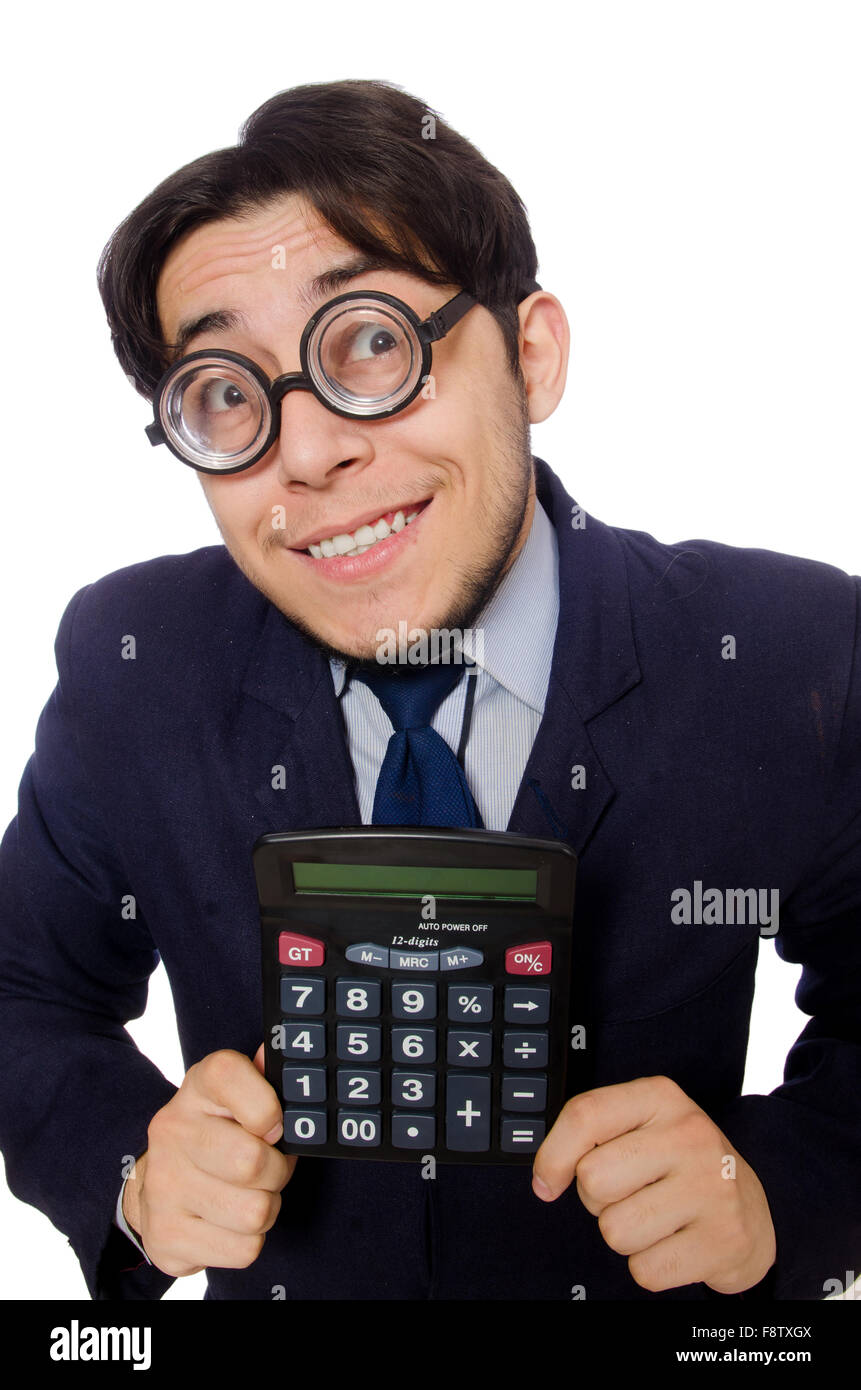Funny man with calculator isolated on white Stock Photo - Alamy