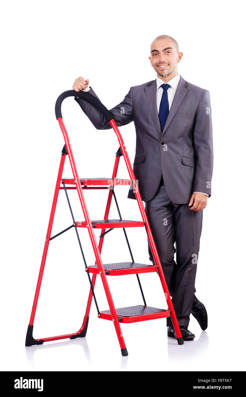 Businessman with the ladder isolated on white Stock Photo - Alamy