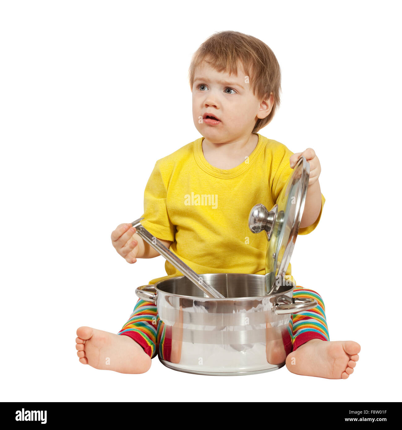 Baby cook with pan. Isolated over white background Stock Photo - Alamy