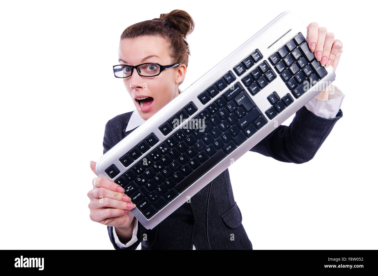 Nerd businessman with computer keyboard on white Stock Photo - Alamy