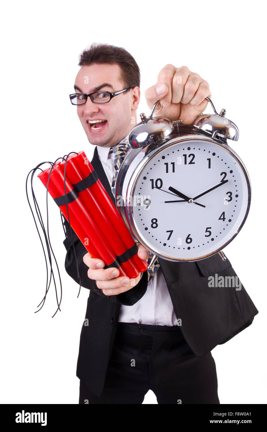 Man with time bomb isolated on white Stock Photo - Alamy