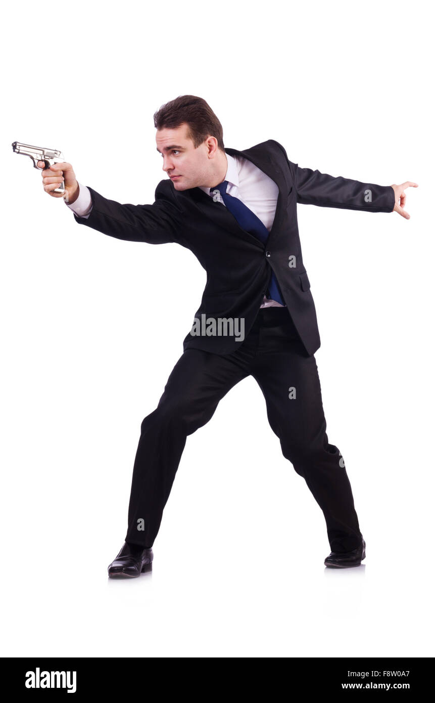 Businessman with gun isolated on white Stock Photo - Alamy
