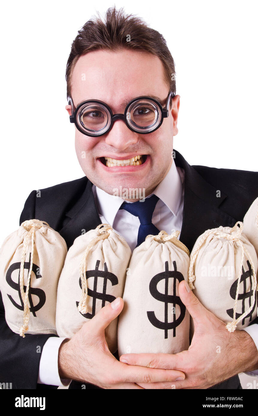 Man with money sacks on white Stock Photo - Alamy