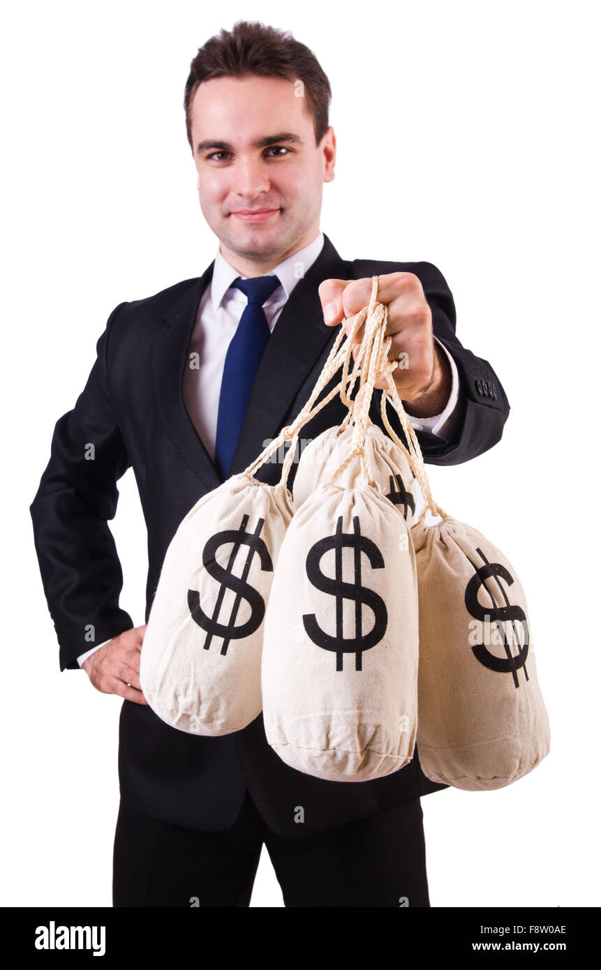Man with money sacks on white Stock Photo - Alamy