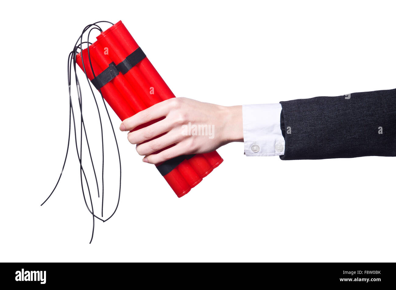 Hand holding bars of dynamite on white Stock Photo - Alamy