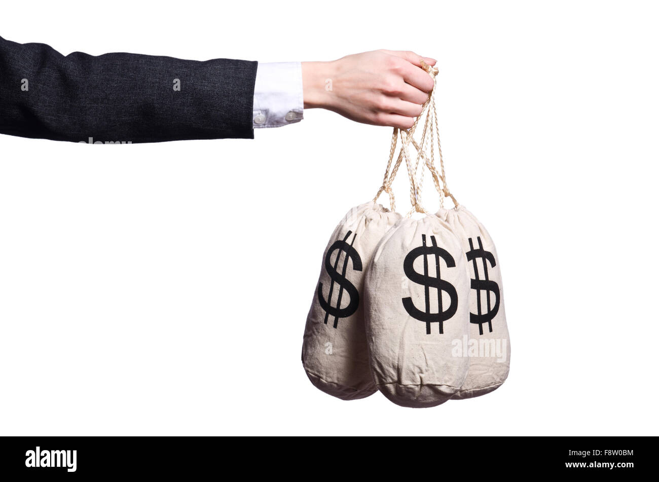 Woman with sacks of money on white Stock Photo - Alamy