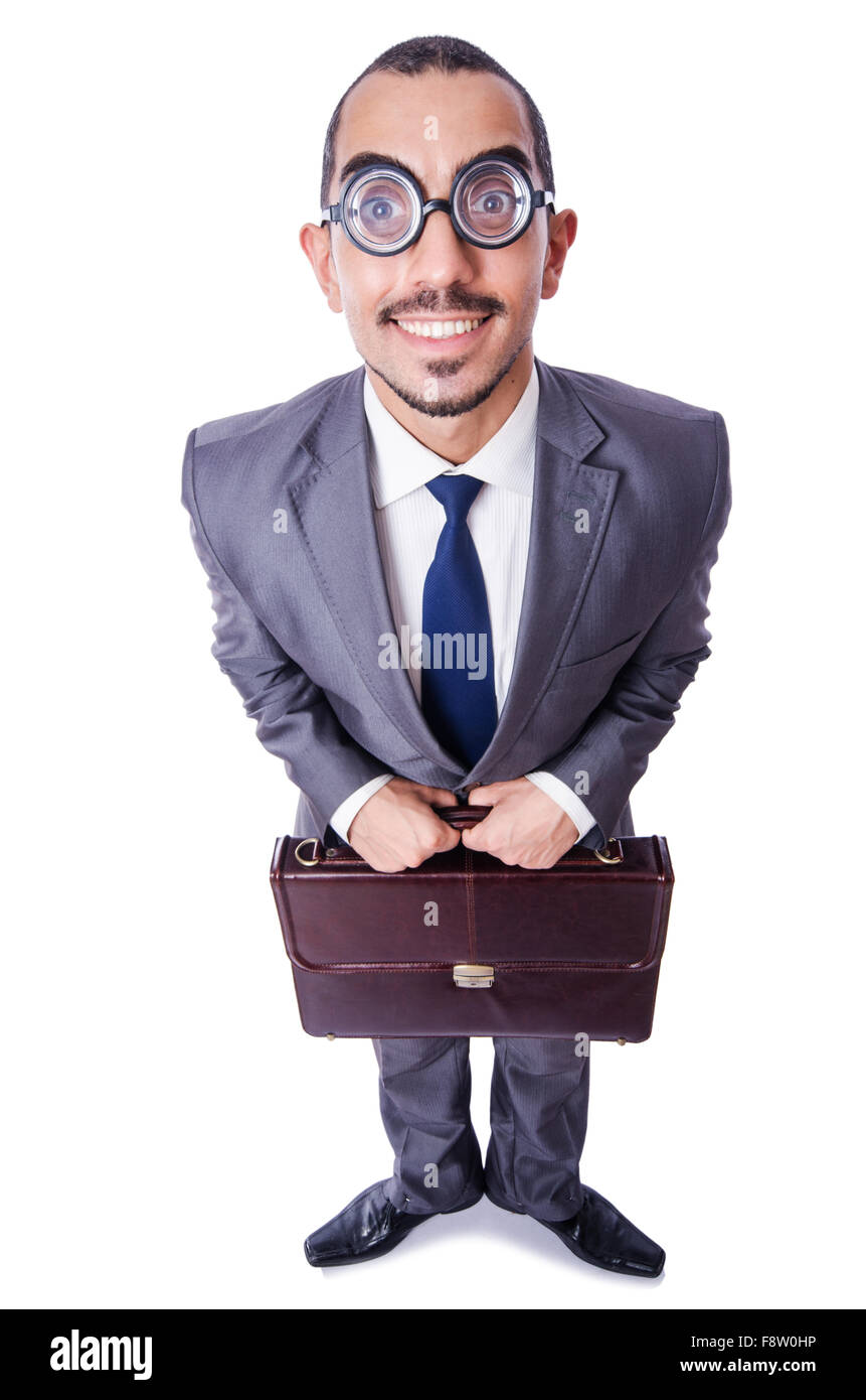 Funny nerd businessman isolated on white Stock Photo - Alamy