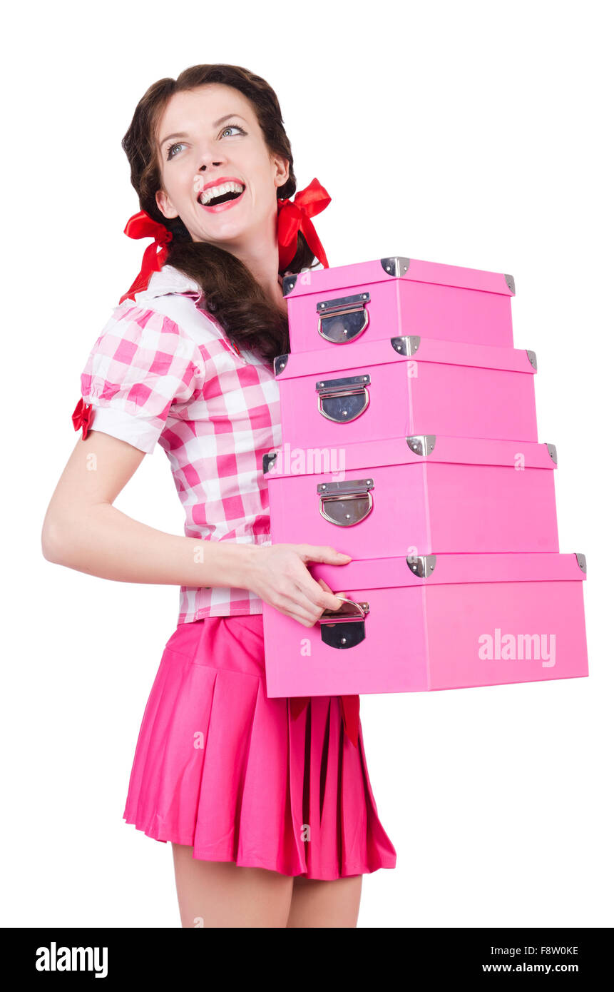 Young woman with storage boxes on white Stock Photo - Alamy