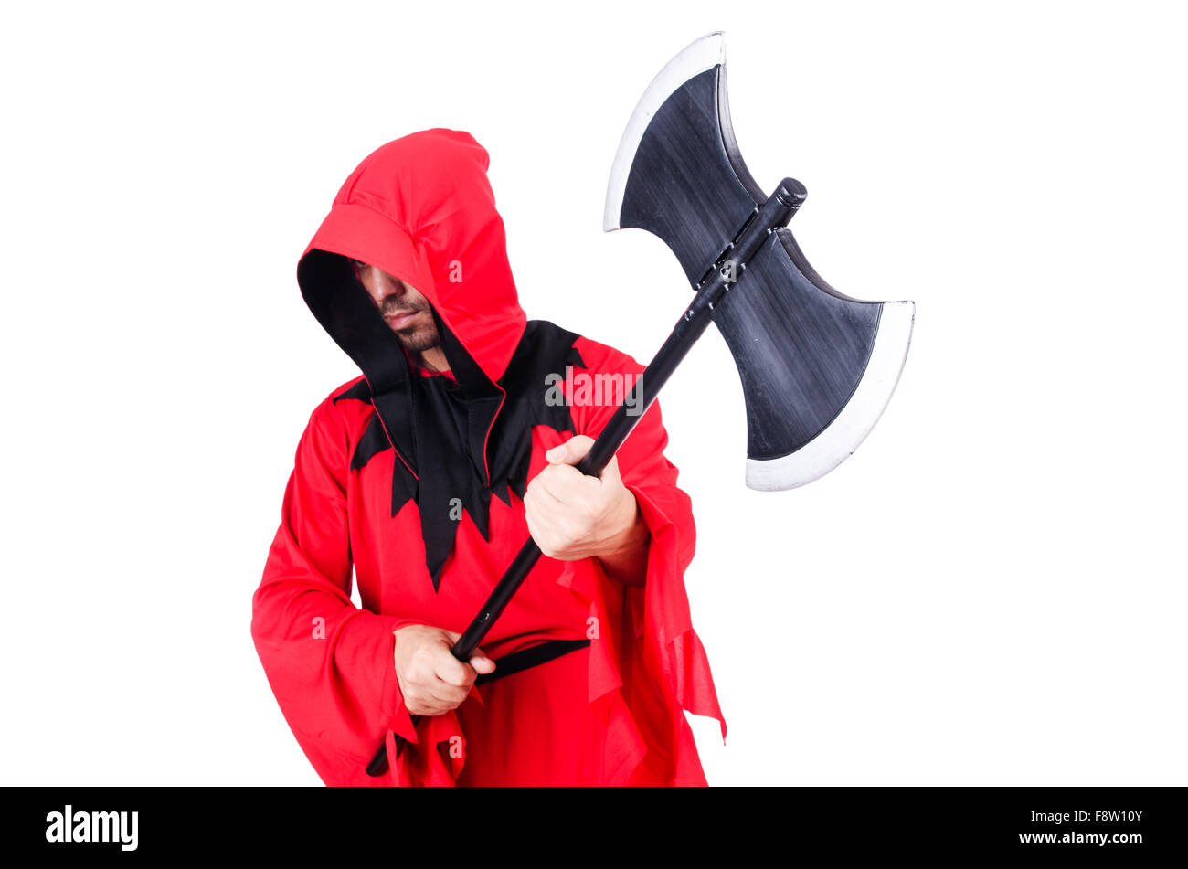 Executioner in red costume with axe on white Stock Photo - Alamy