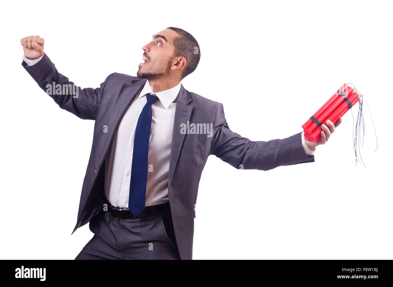 Businessman with dynamite isolated on white Stock Photo - Alamy