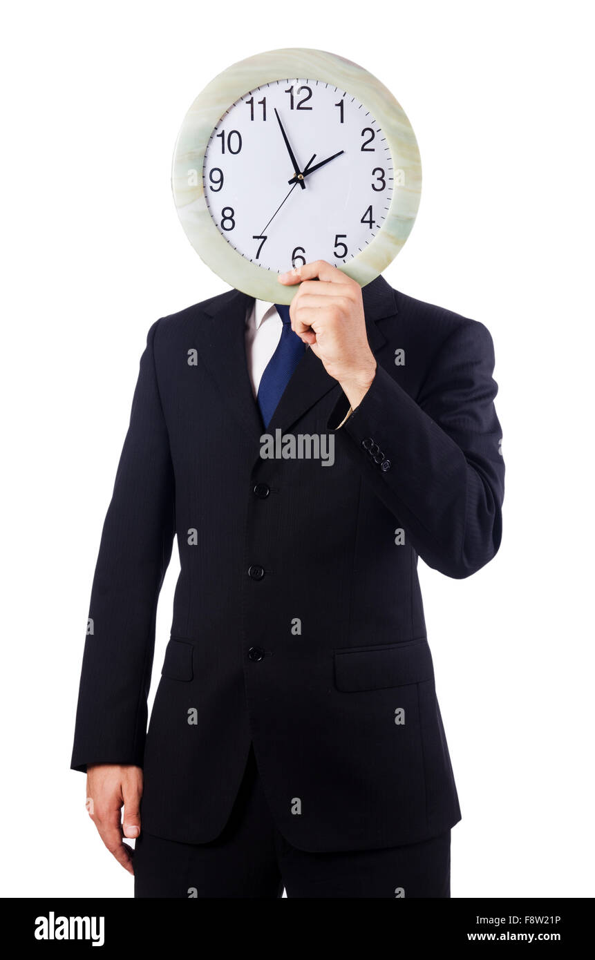 Man with clock isolated on white Stock Photo - Alamy