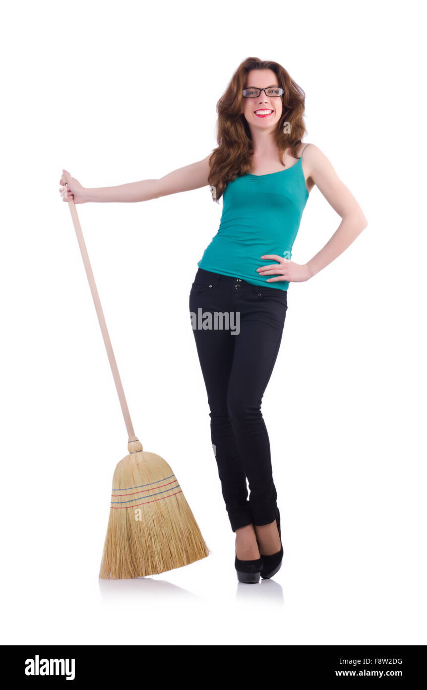 Young woman with broom isolated on white Stock Photo - Alamy