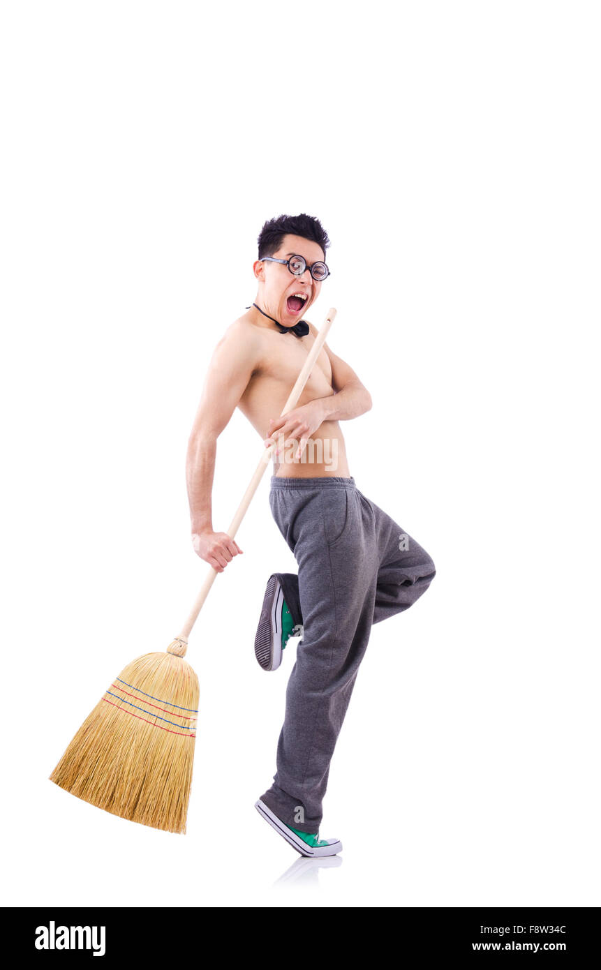 Funny man with broom on white Stock Photo - Alamy