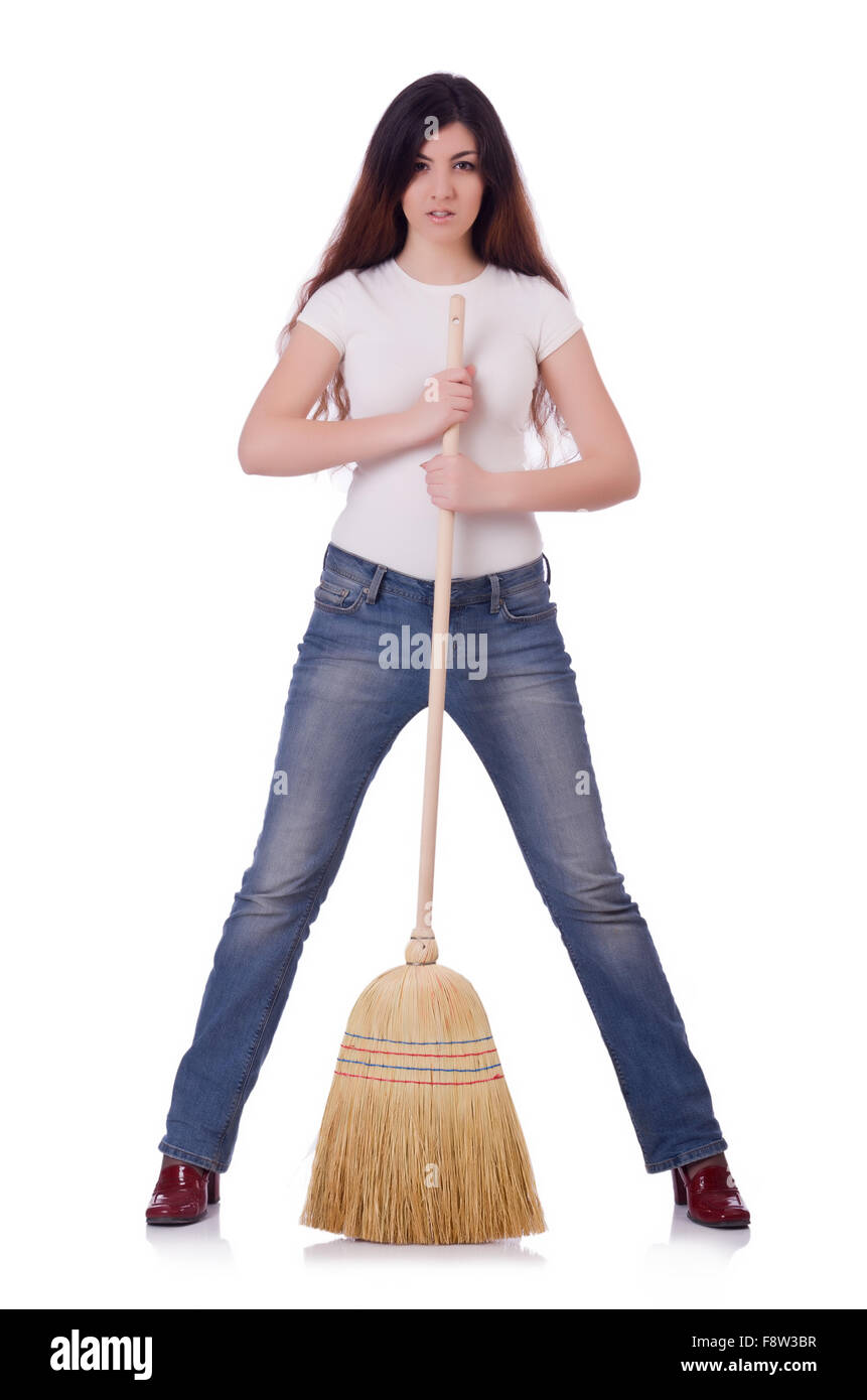 Young woman with broom isolated on white Stock Photo - Alamy