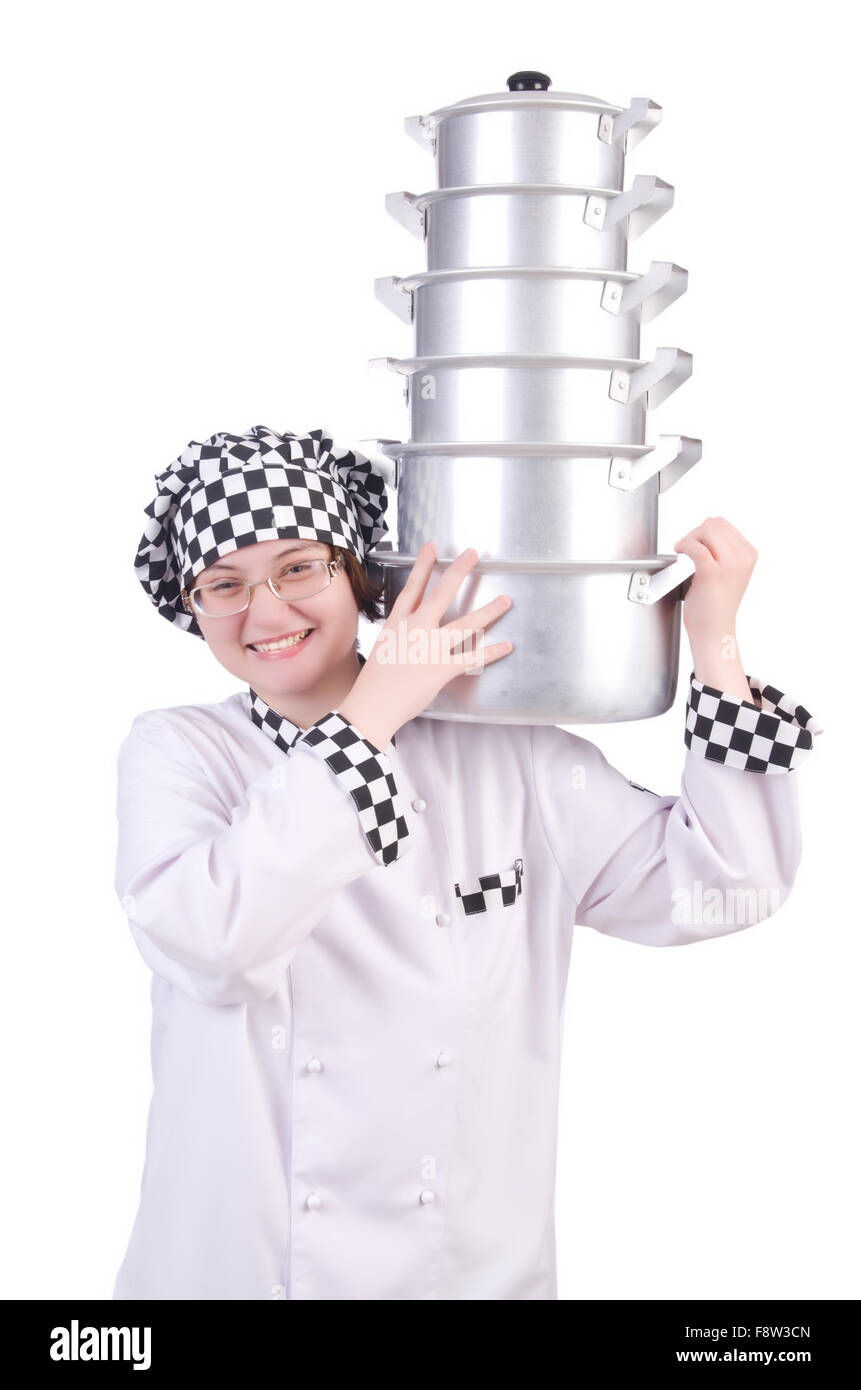 Cook with stack of pots on white Stock Photo - Alamy